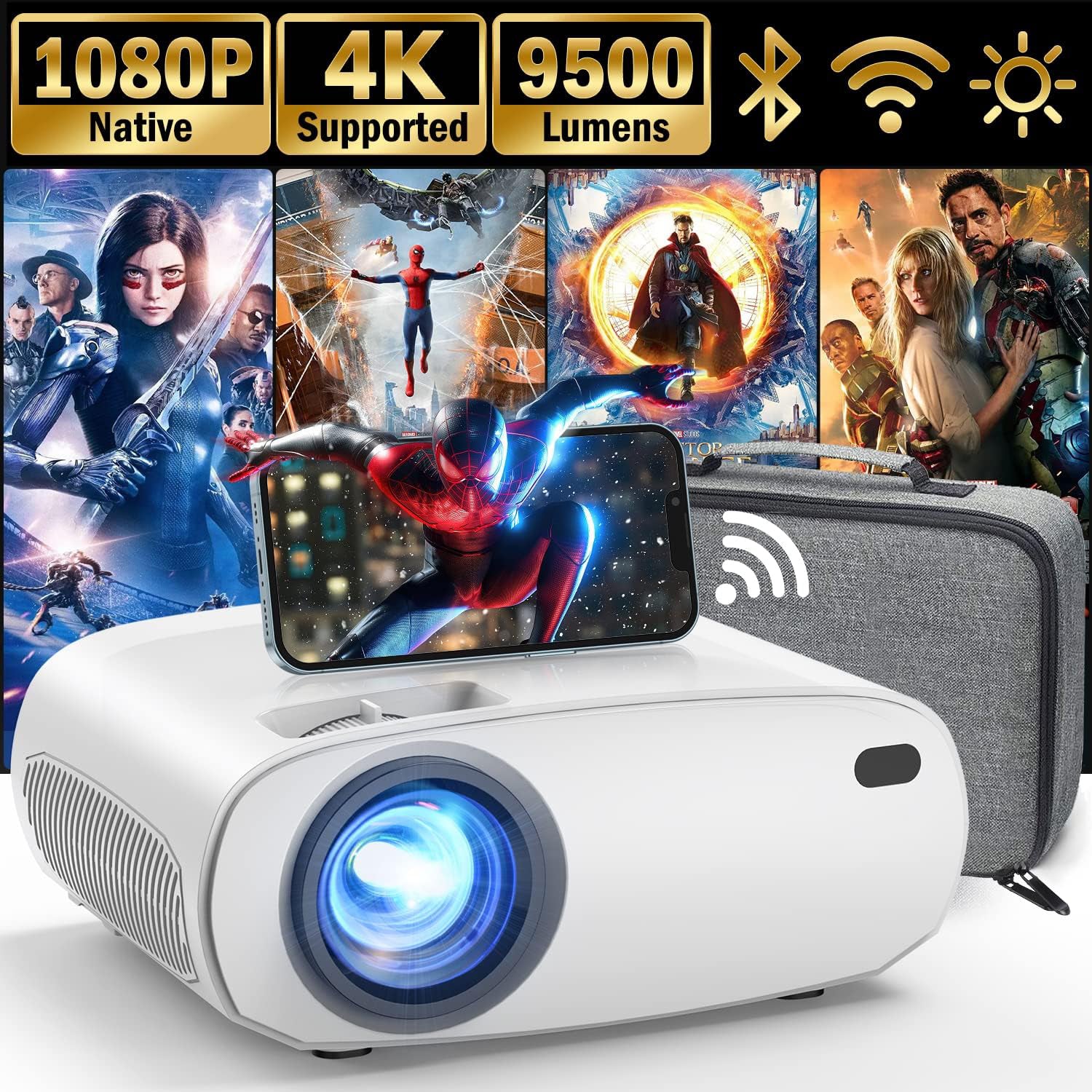 A6072，WiFi Bluetooth Projector 4K Support, 9500L Native 1080P ,300" DL ...